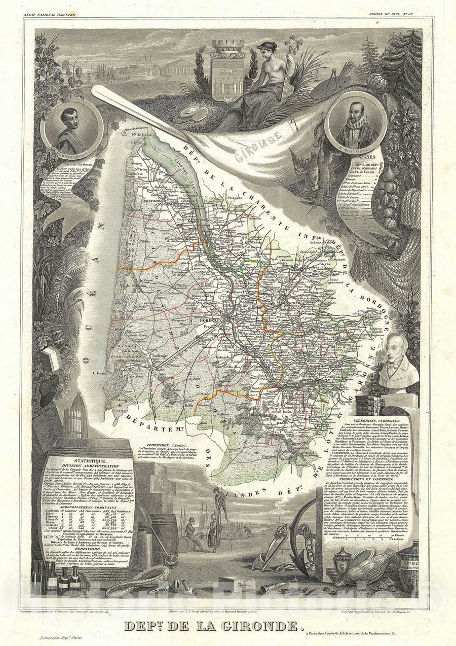 Historic Map : Gironde "Bordeaux Wine Region", Levasseur, 1852, Vintag ...