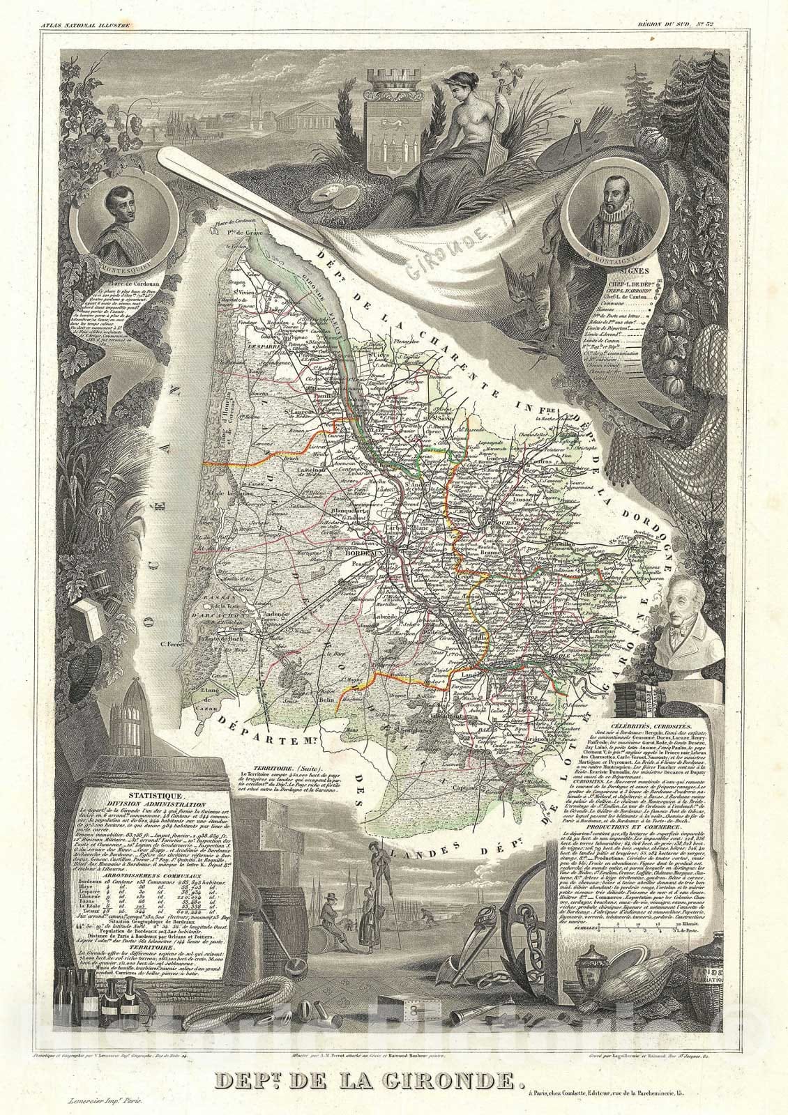 Historic Map : Gironde "Bordeaux Wine Region", Levasseur, 1852, Vintag ...