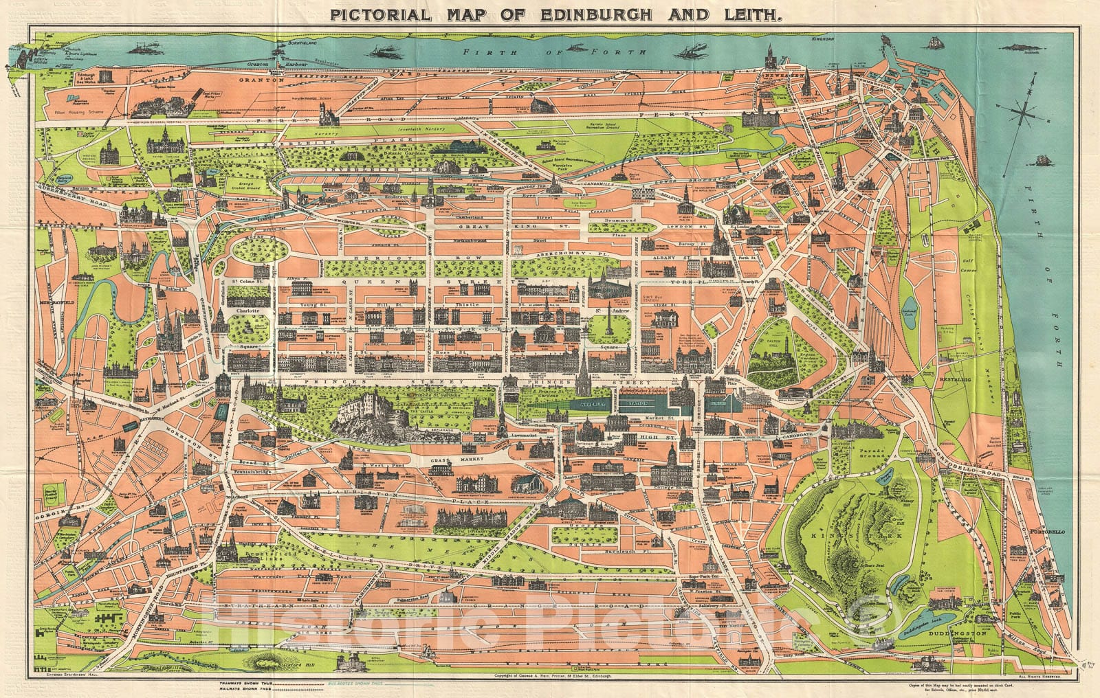 Historic Map : Reid Pictorial Map of Edinburgh and Leith, Scotland, 19 ...