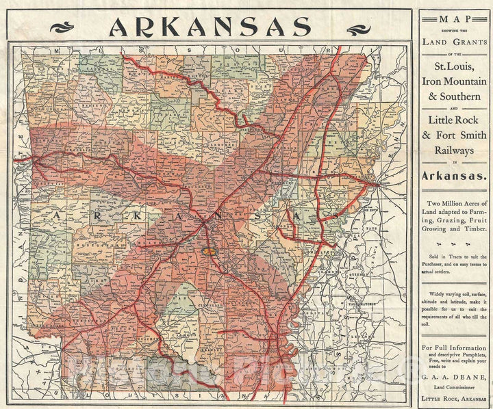 Historic Map : Iron Mountain Railway Map of Arkansas Land Grants For S ...