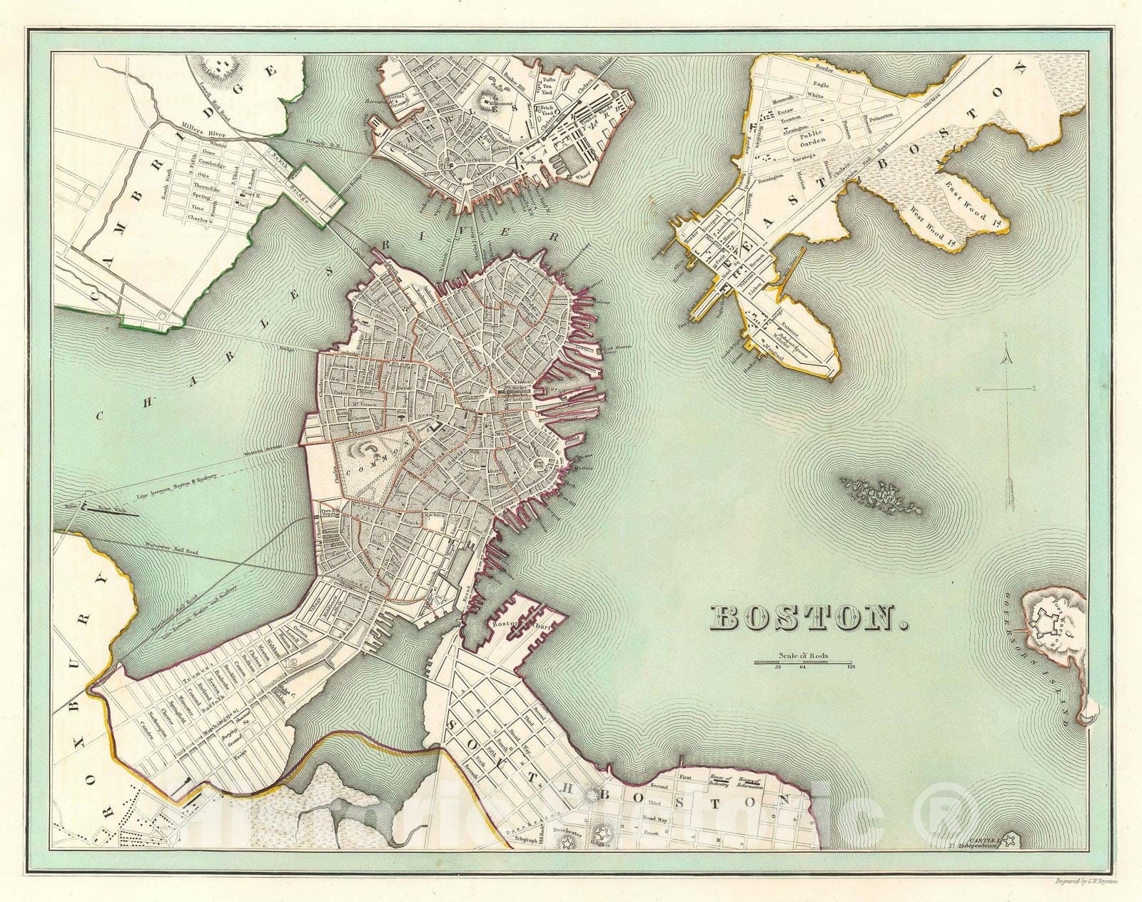 Historic Map : Plan of Boston, Massachusetts, BraArtd, 1838, Vintage W ...