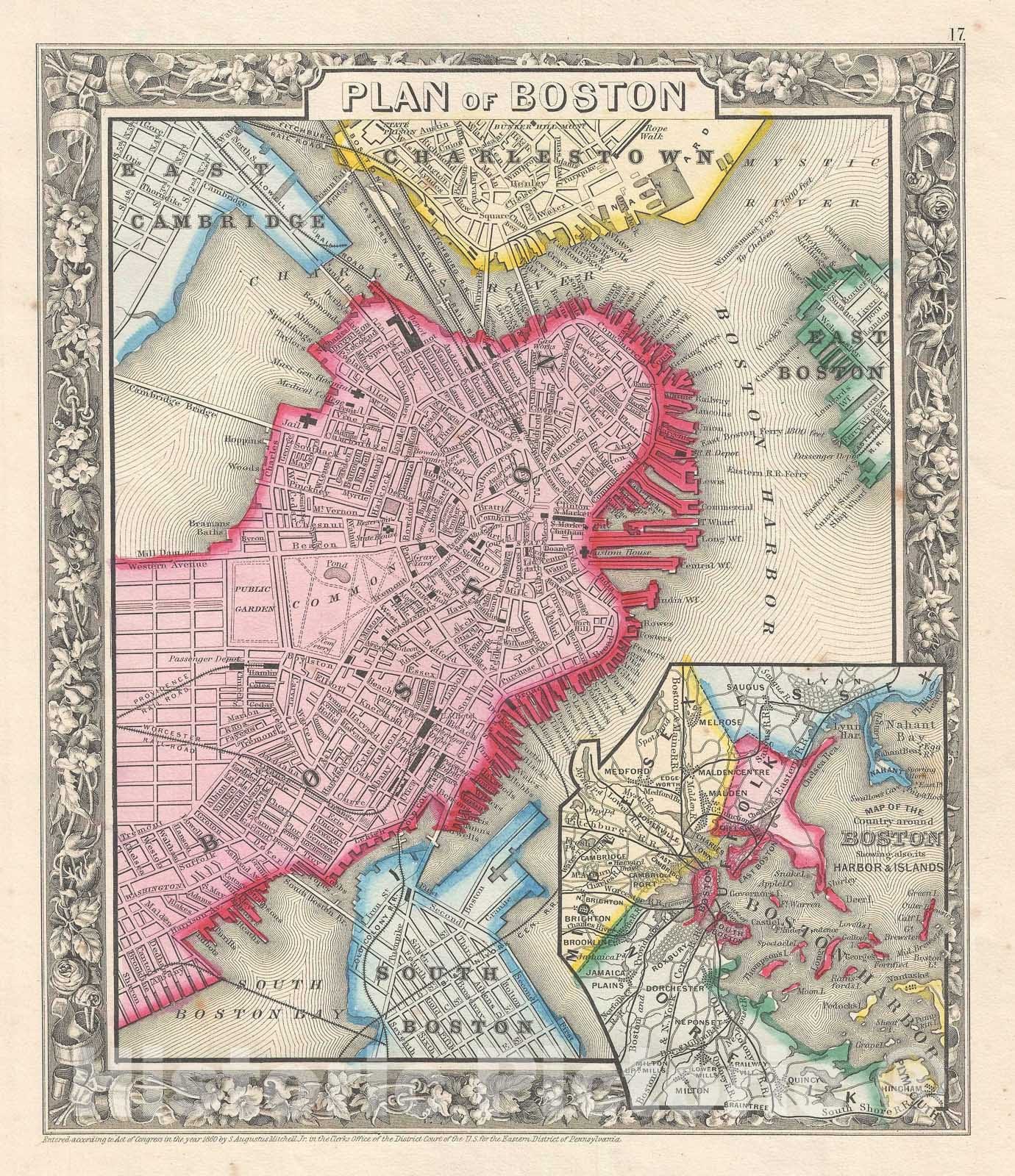 Historic Map : Plan of Boston, Massachusetts, Mitchell, 1861, Vintage ...