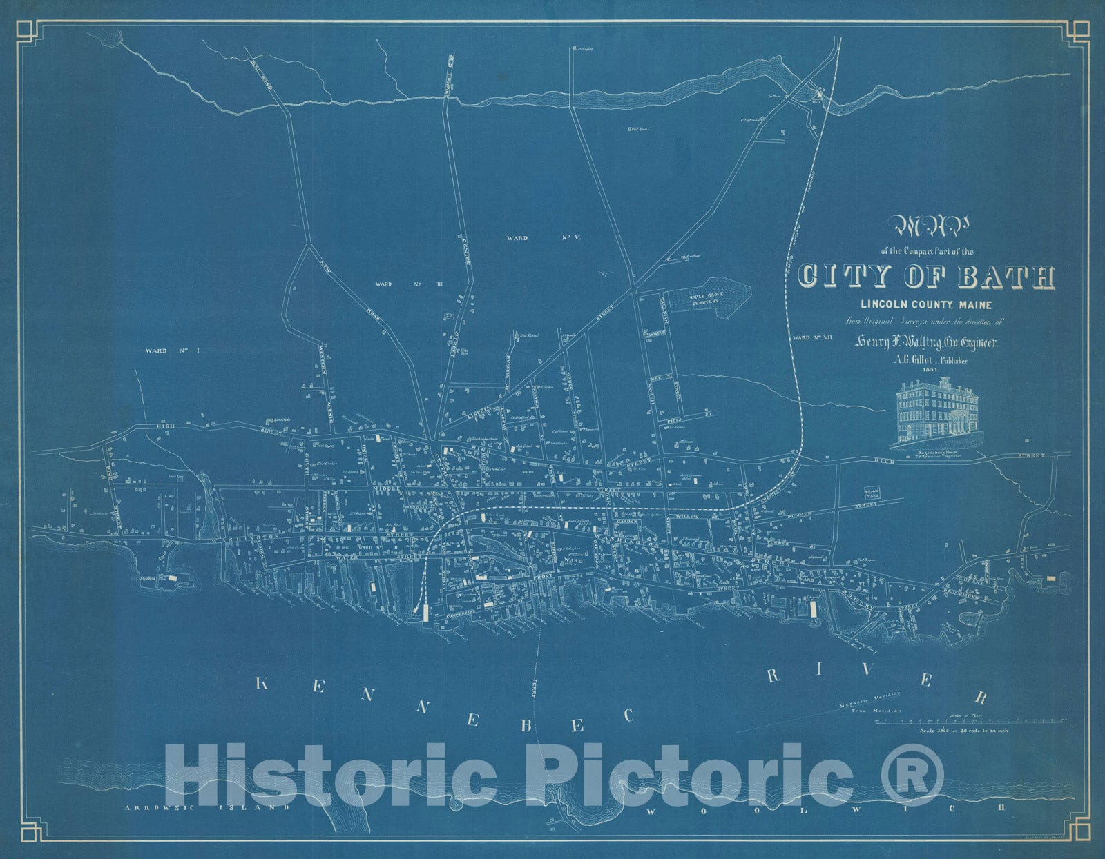 Historic Map : Plan of The Walling City Bath, Maine, Harkins Cyanotype ...