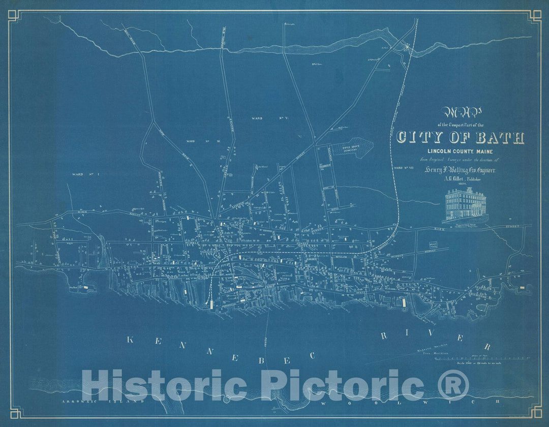 Historic Map : Plan of The Walling City Bath, Maine, Harkins Cyanotype ...
