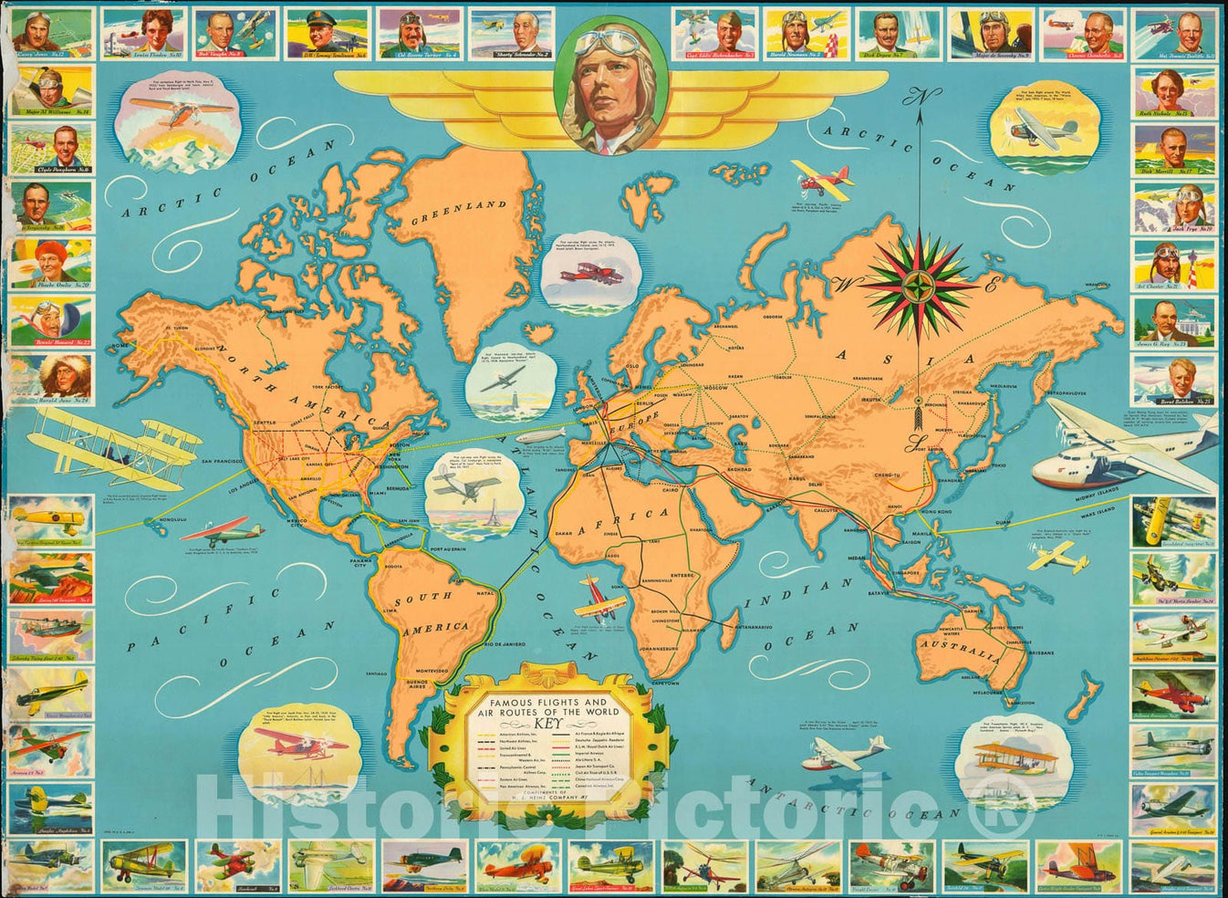 Historic Map : Heinz Pictorial Map of The World Tracing Famous Flights ...