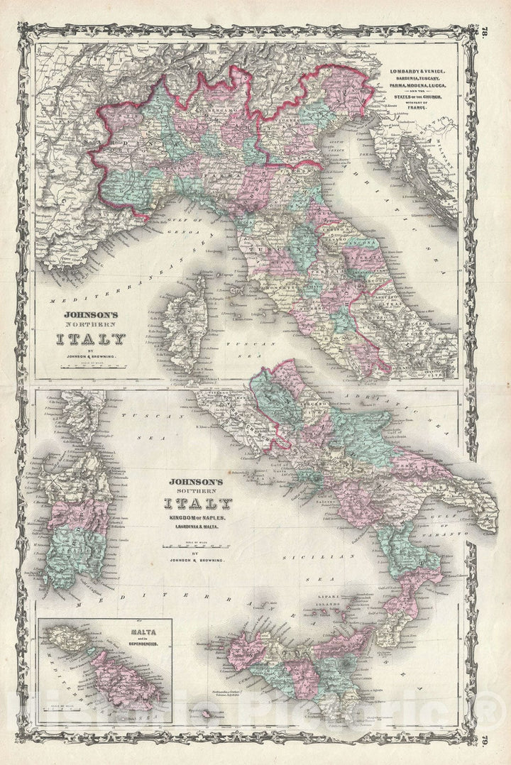 Historic Map : Italy, Naples and Sicily, Johnson, 1861, Vintage Wall A ...
