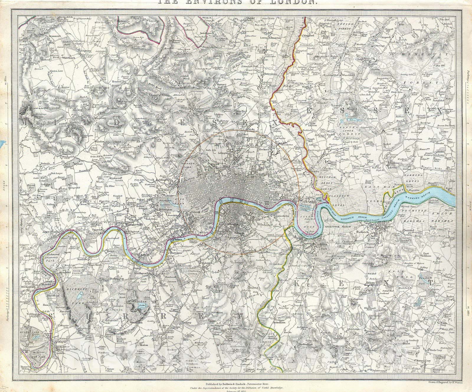 Historic Map : S.D.U.K. Map of London and Environs, England , 1832, Vi ...