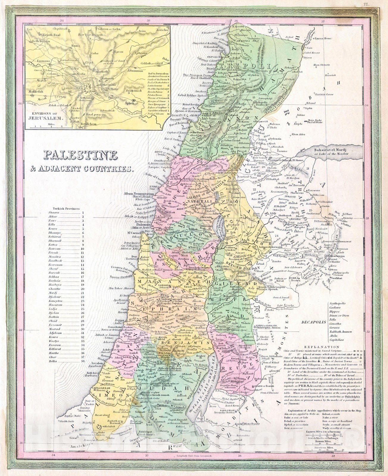 Historic Map : Tanner Map of Palestine, Israel, Holy Land, 1836, Vinta ...