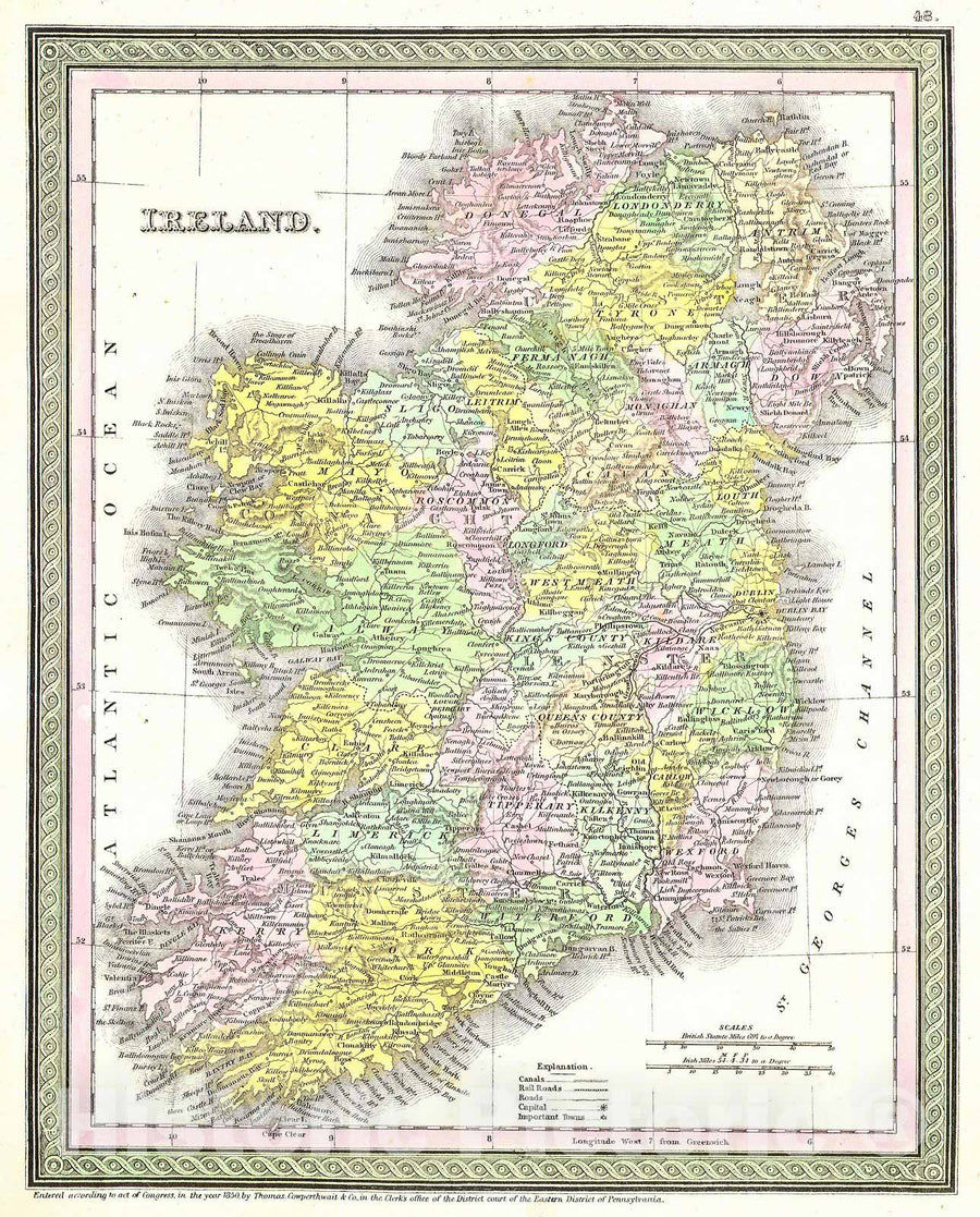 Historic Map : Mitchell and Cowperthwait Map of Ireland, 1850, Vintage ...