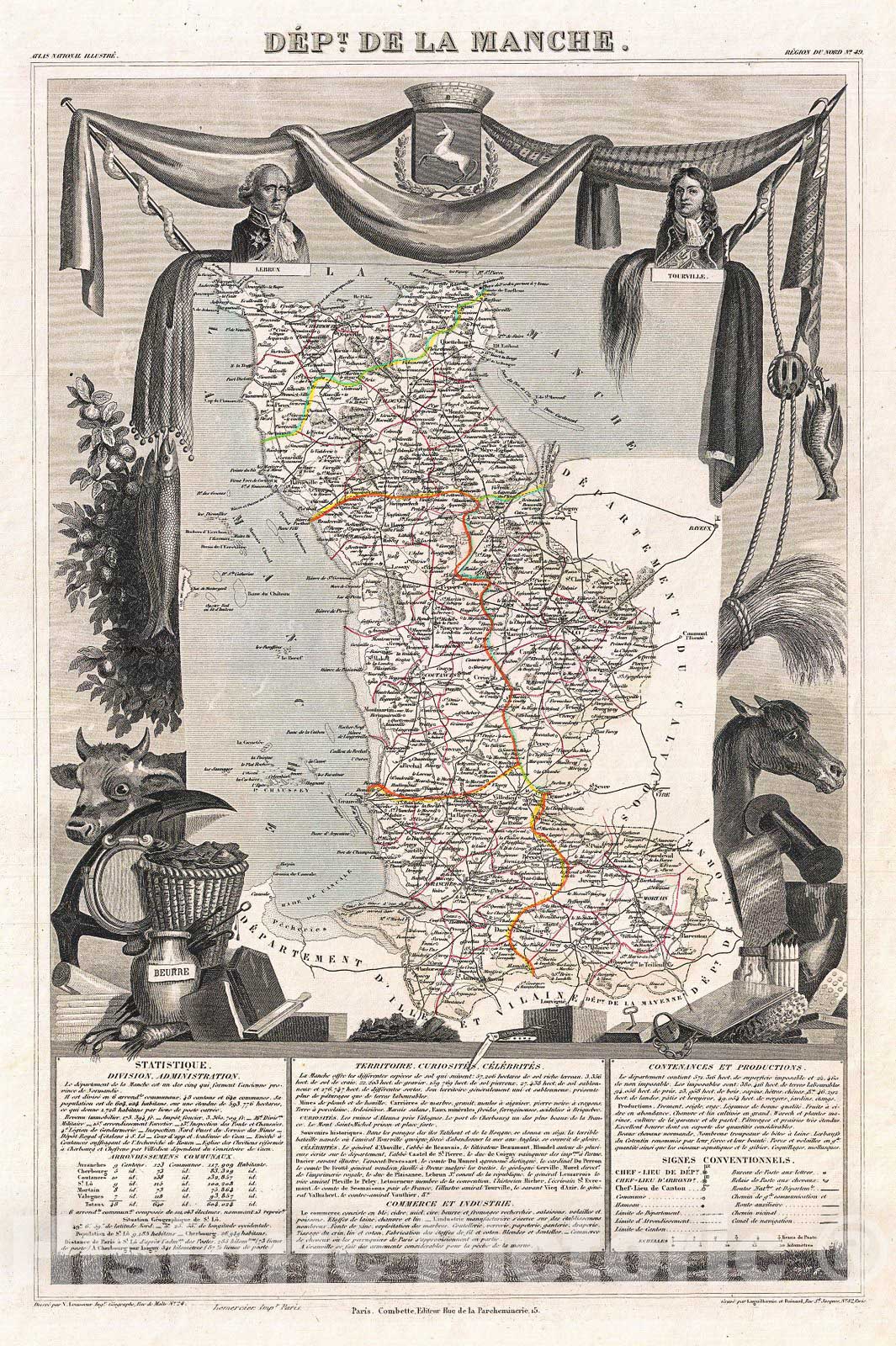 Historic Map : Levasseur Map of The Department De La Manche, France, 1 ...