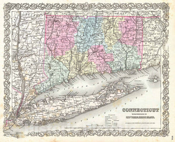 Historic Map : Colton Map of Connecticut and Long Island , 1855, Vinta ...