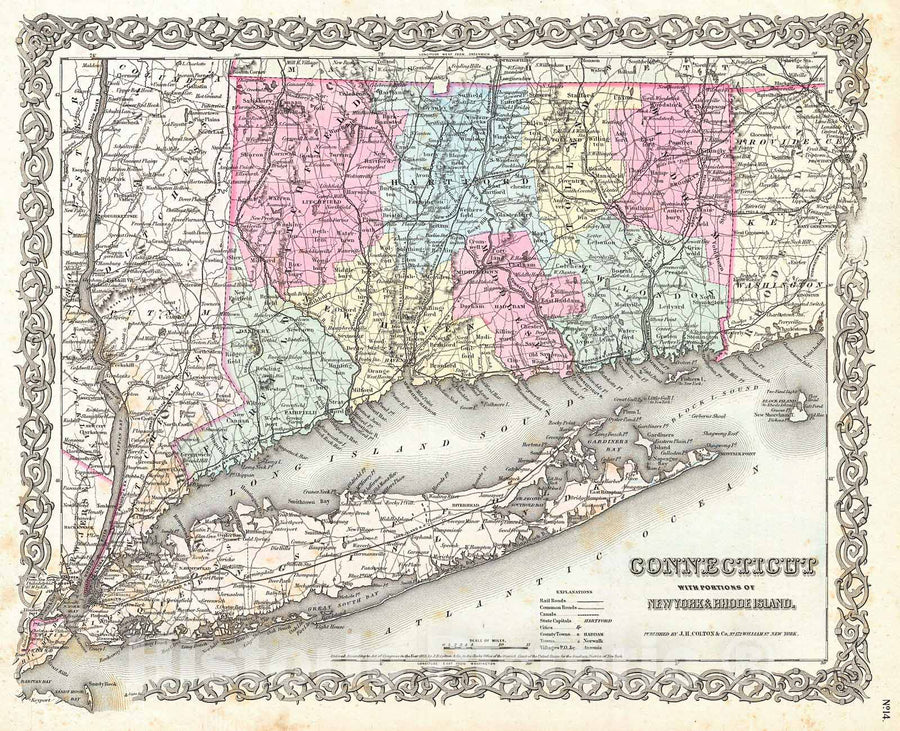 Historic Map : Colton Map of Connecticut and Long Island , 1855, Vinta ...