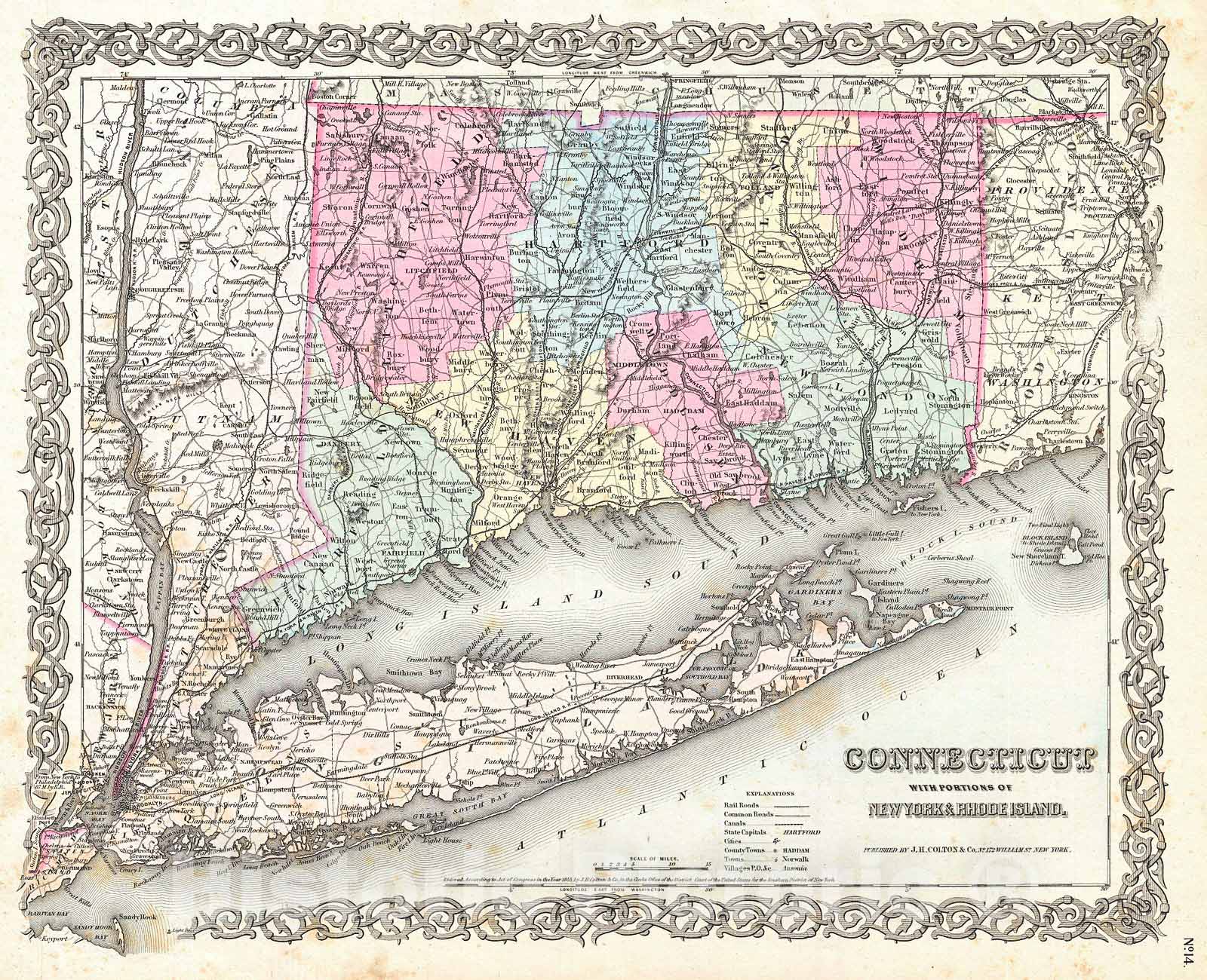 Historic Map : Colton Map of Connecticut and Long Island , 1855, Vinta ...