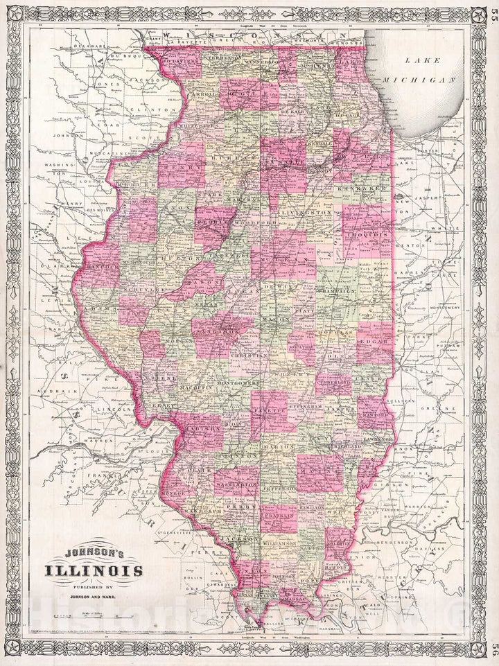 Historic Map : Johnson Map of Illinois , Version 2, 1864, Vintage Wall ...