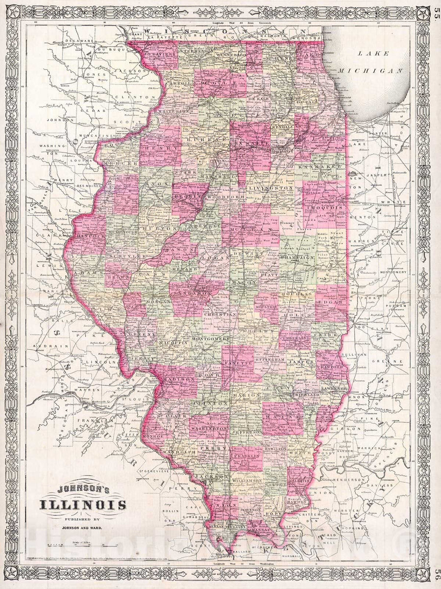 Historic Map : Johnson Map of Illinois , Version 2, 1864, Vintage Wall ...