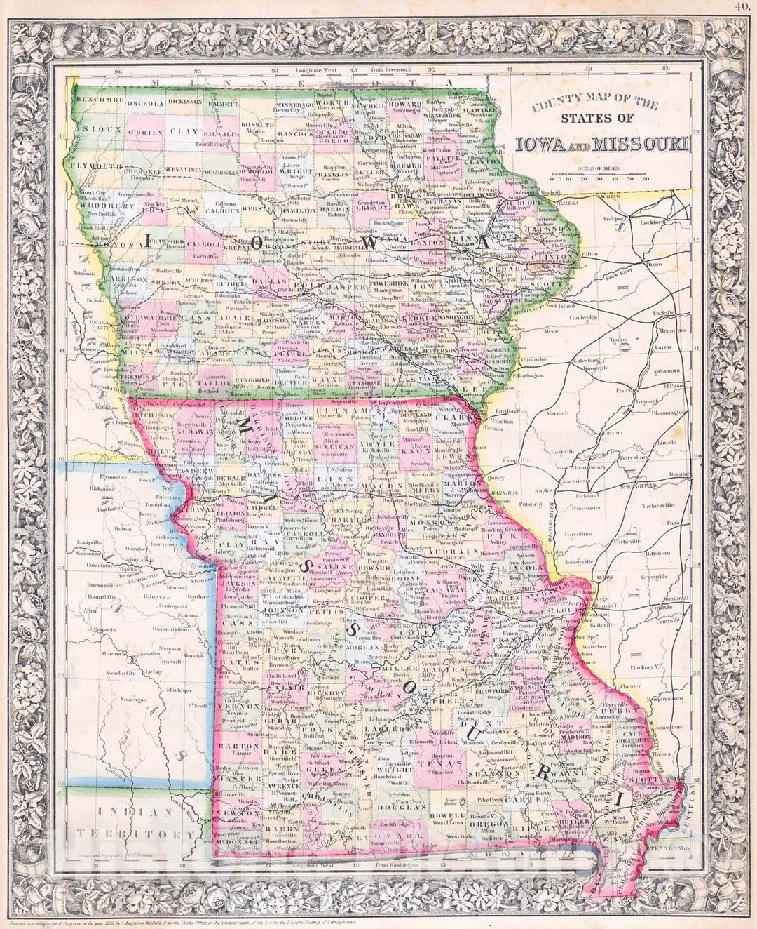 Historic Map : Mitchell Map of Iowa and Missouri, Version 2, 1864, Vin ...