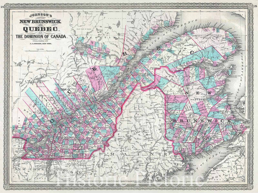 Historic Map : Johnson Map of Quebec, Canada, 1870, Vintage Wall Art ...