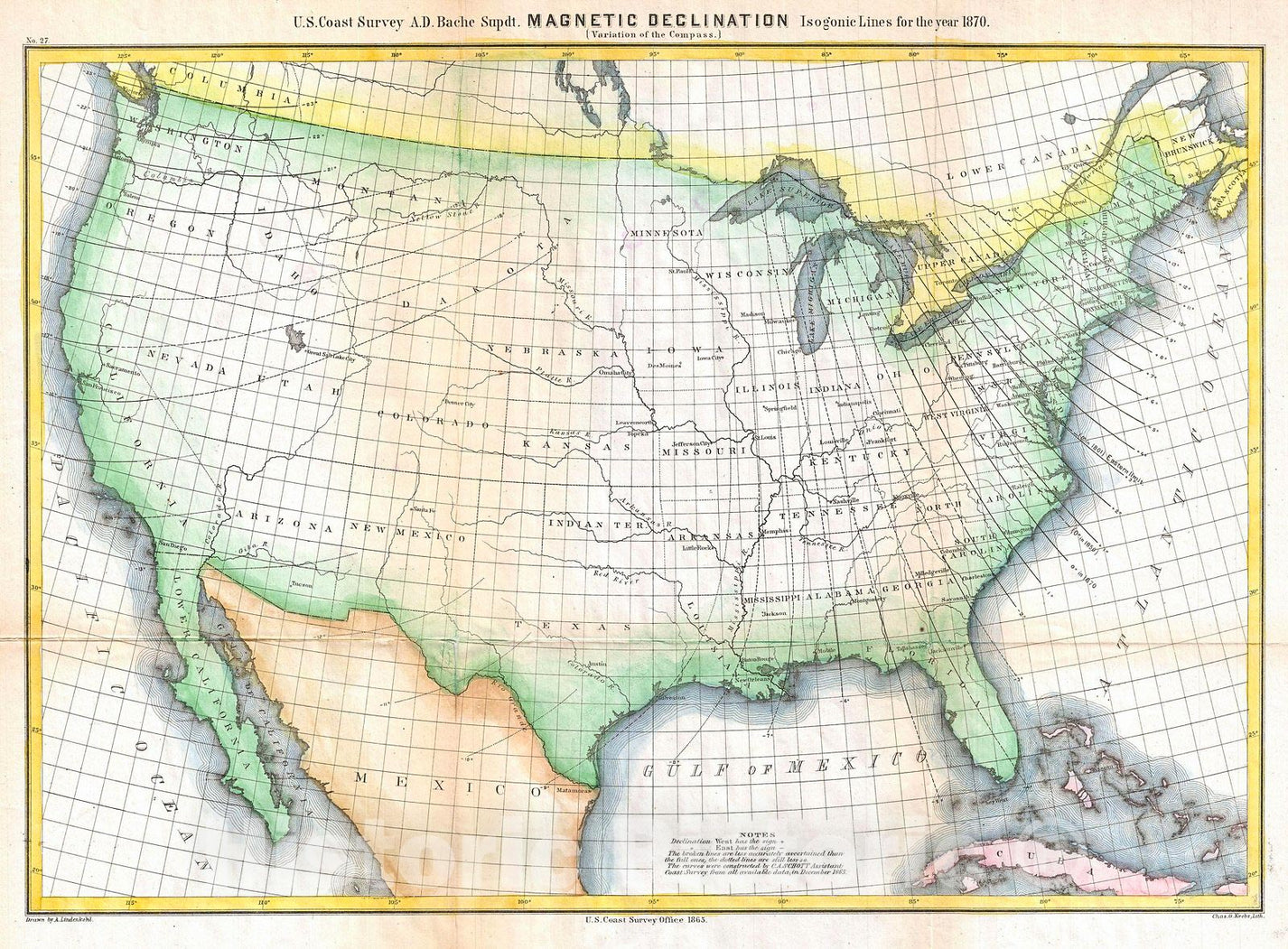 Historic Map : U.S. Coast Survey Map Showing Magnetic Declination in T ...