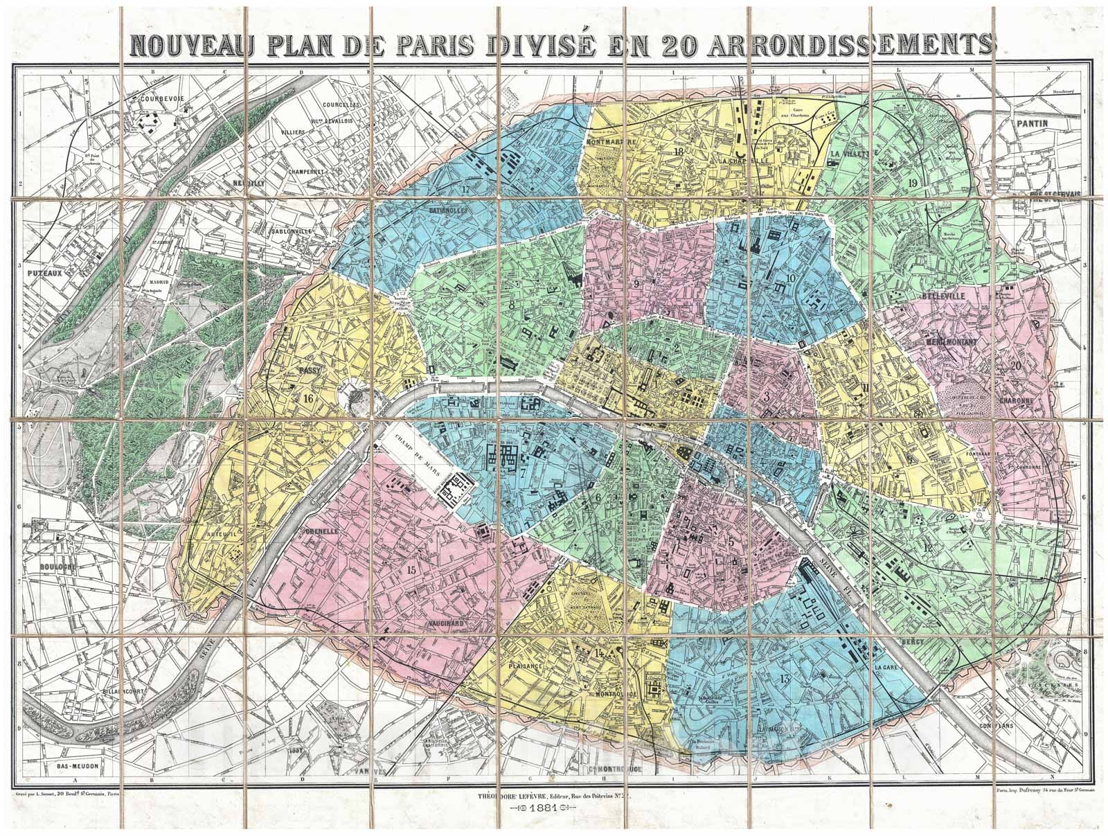 Historic Map : Lefevre Pocket Map or Plan of Paris, France, 1881, Vint ...