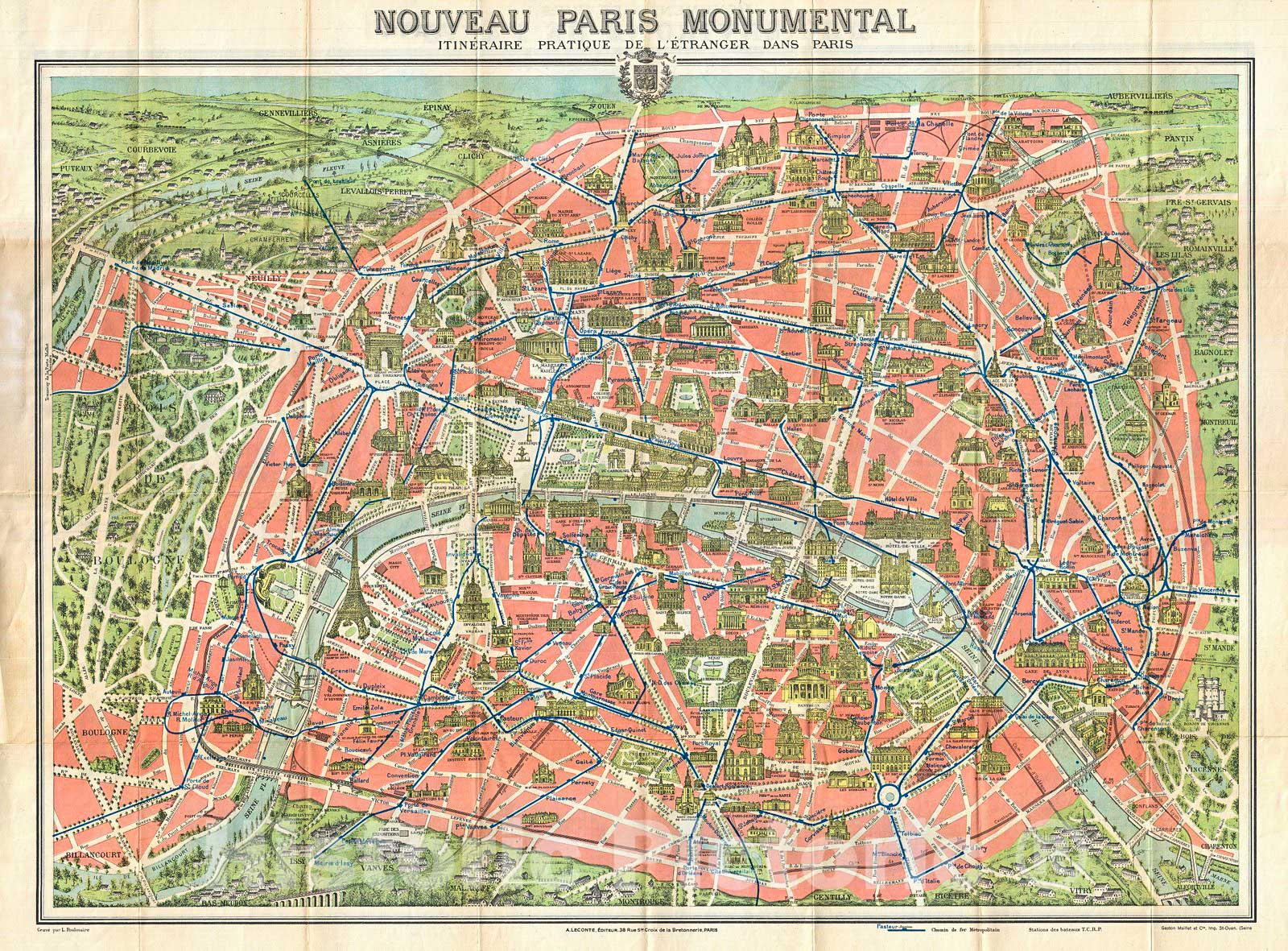 Historic Map : Leconte Monument Map of Paris, France, 1910, Vintage Wa ...