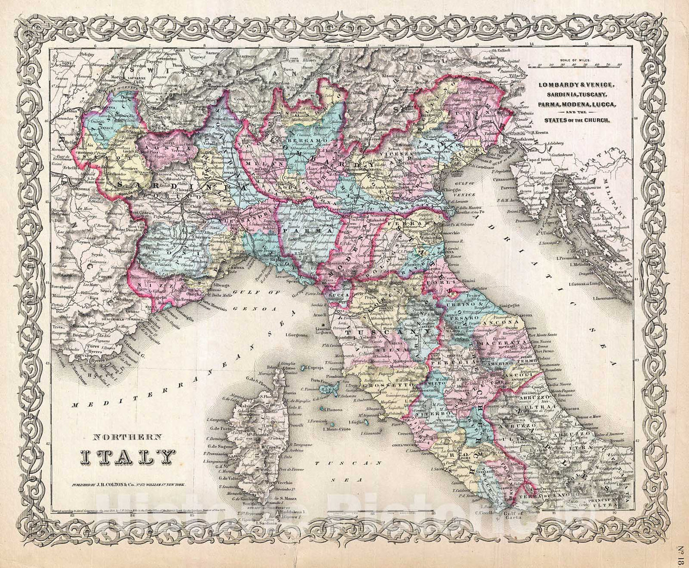 Historic Map : Colton's Map of Northern Italy and Corsica , 1855, Vint ...