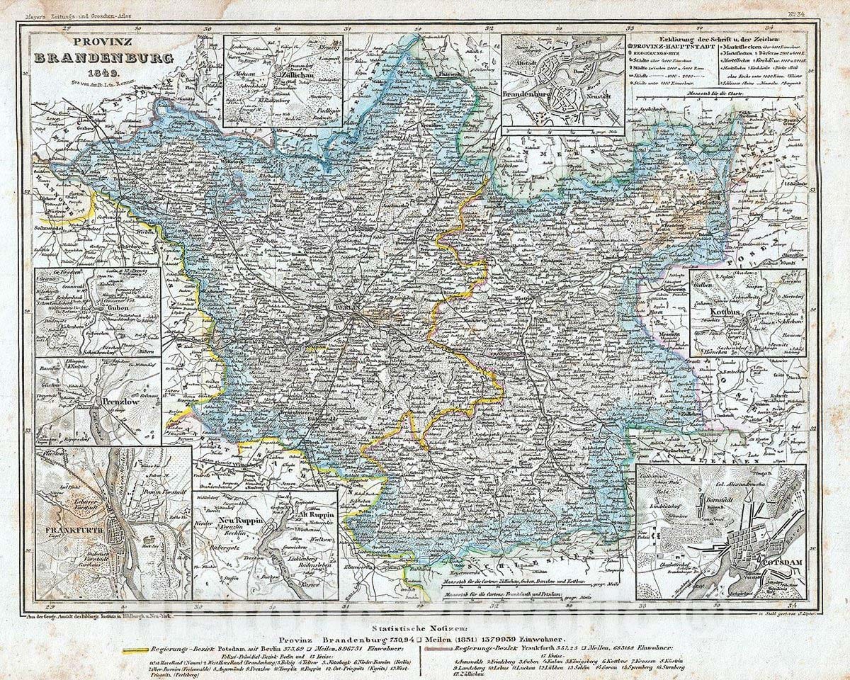 Historic Map : Meyer Map of The Provice of Brandenburg, Germany, 1849 ...