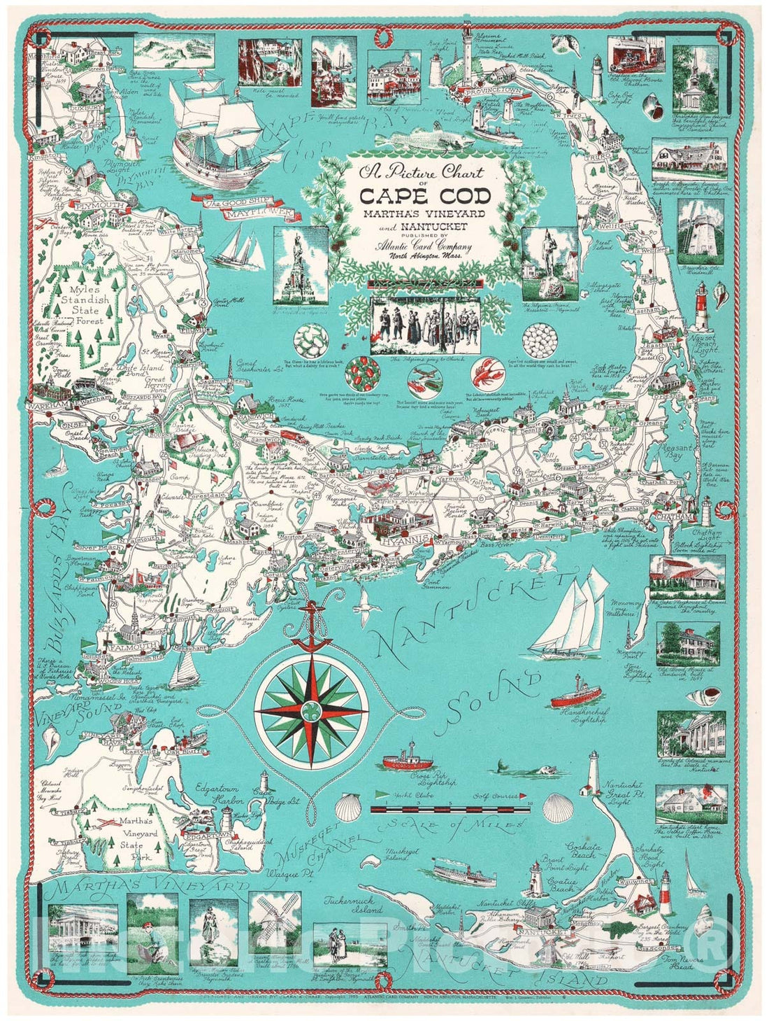 Historic Map : of Cape Cod (with Kennedy Compound) 1960 Ernest Dudley ...