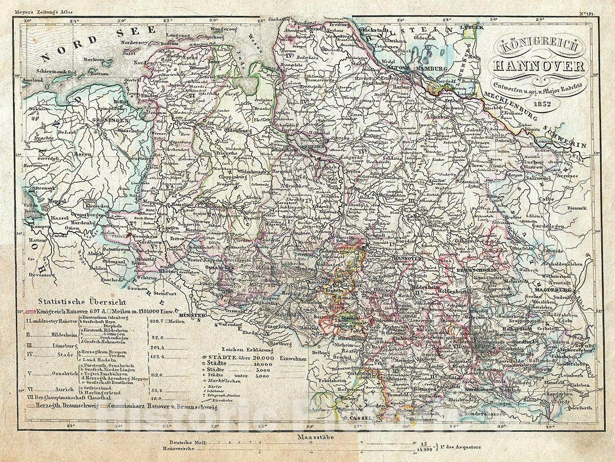 Historic Map : Meyer Map of The Kingdom of Hanover, 1852, Vintage Wall ...
