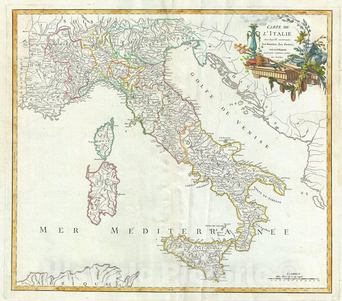 Historic Map : Vaugondy Antique Map of Italy w/Postal Routes, 1756, Vi ...