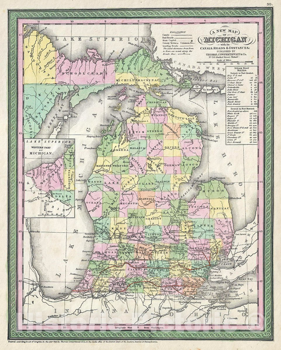 Historic Map : Mitchell Map of Michigan, Version 2, 1854, Vintage Wall ...