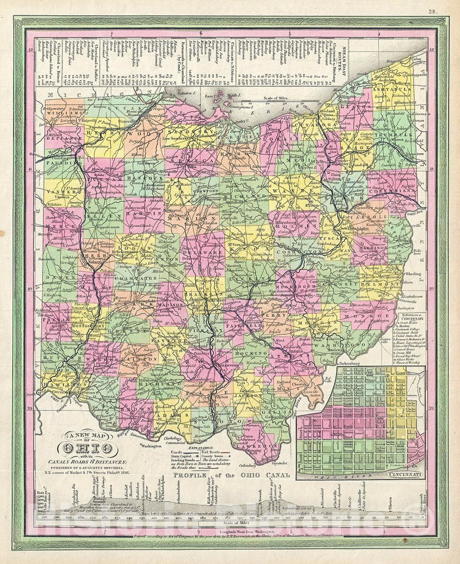 Historic Map : Burrows, Mitchell Map of Ohio, 1846, Vintage Wall Art ...