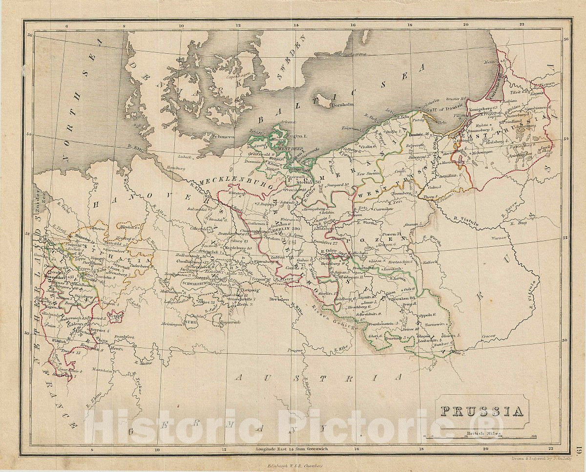 Historic Map : Chambers Map of Prussia, Germany, 1845, Vintage Wall Ar ...