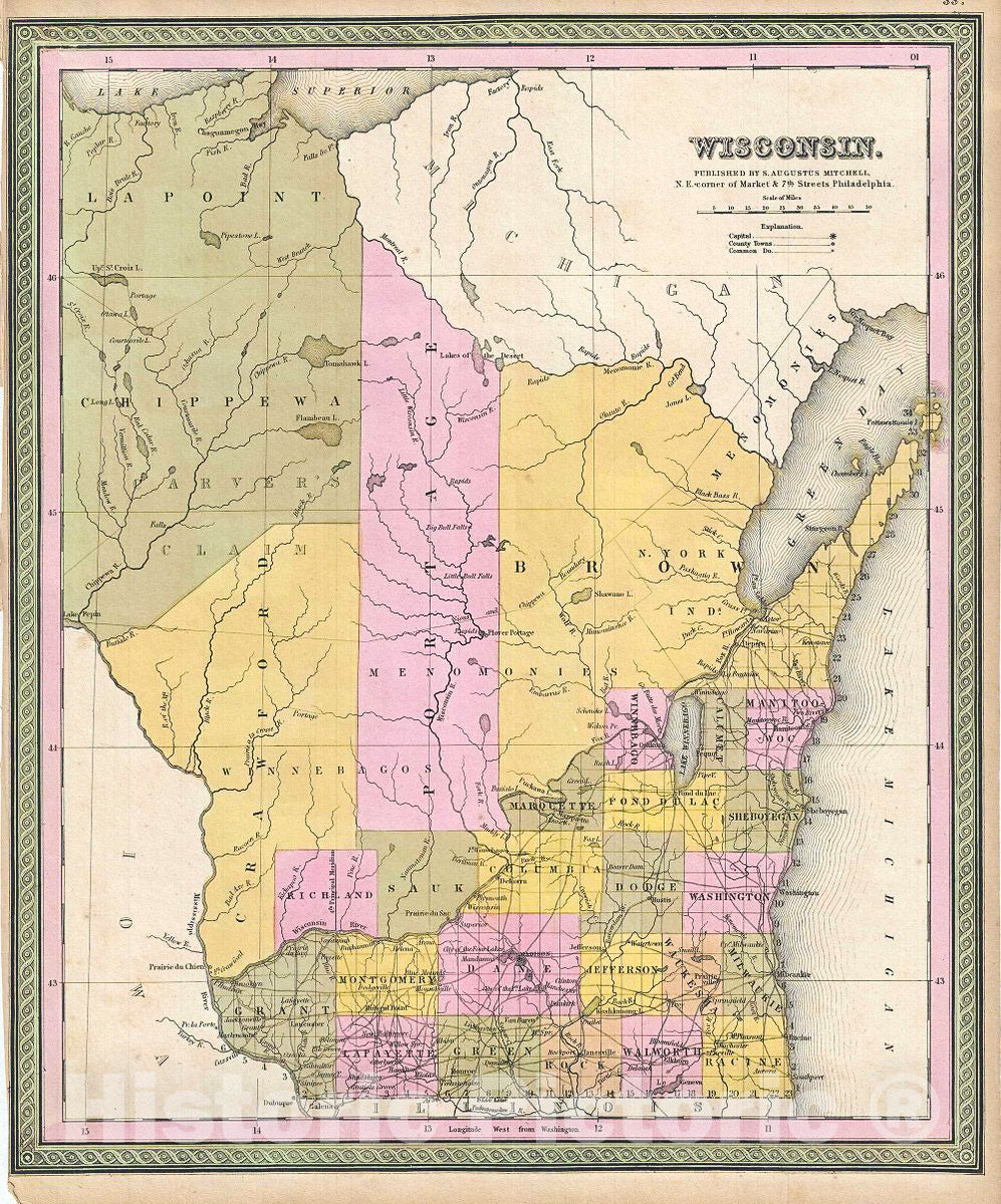Historic Map : Mitchell Map of Wisconsin, 1849, Vintage Wall Art ...