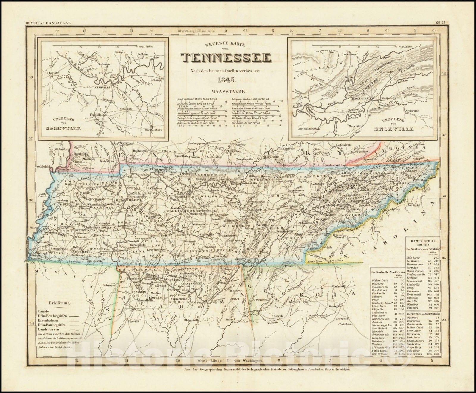 Historic Map : Neueste Karte von Tennessee, 1845, 1845, Vintage Wall A ...