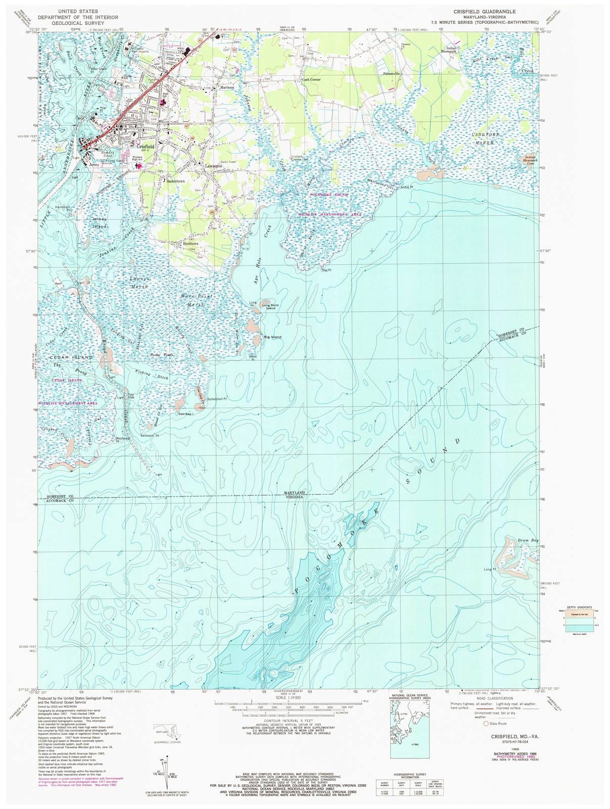 Historic Nautical Map - Crisfield, MD, VA, 1980 NOAA Topographic Bathy ...