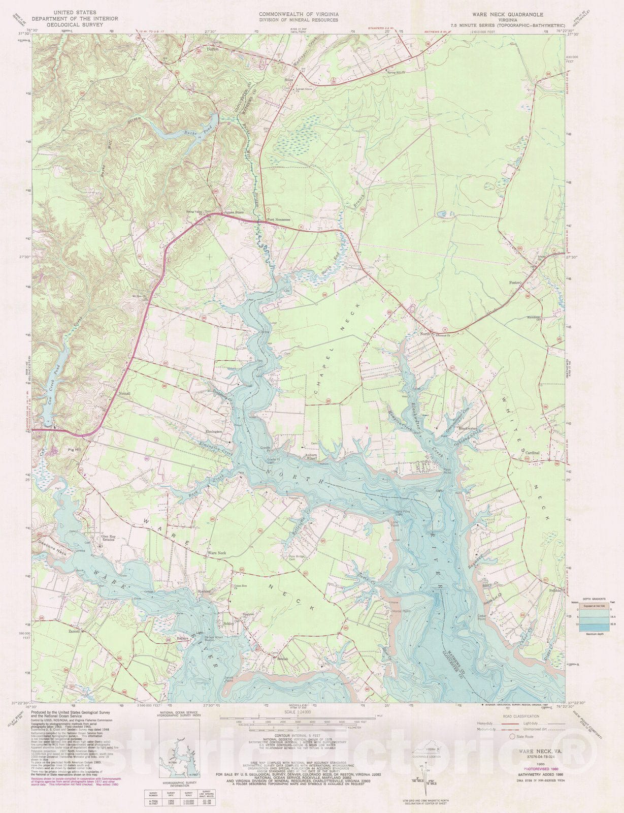 Historic Nautical Map - Ware Neck Va, VA, 1986 NOAA Topographic Bathym ...