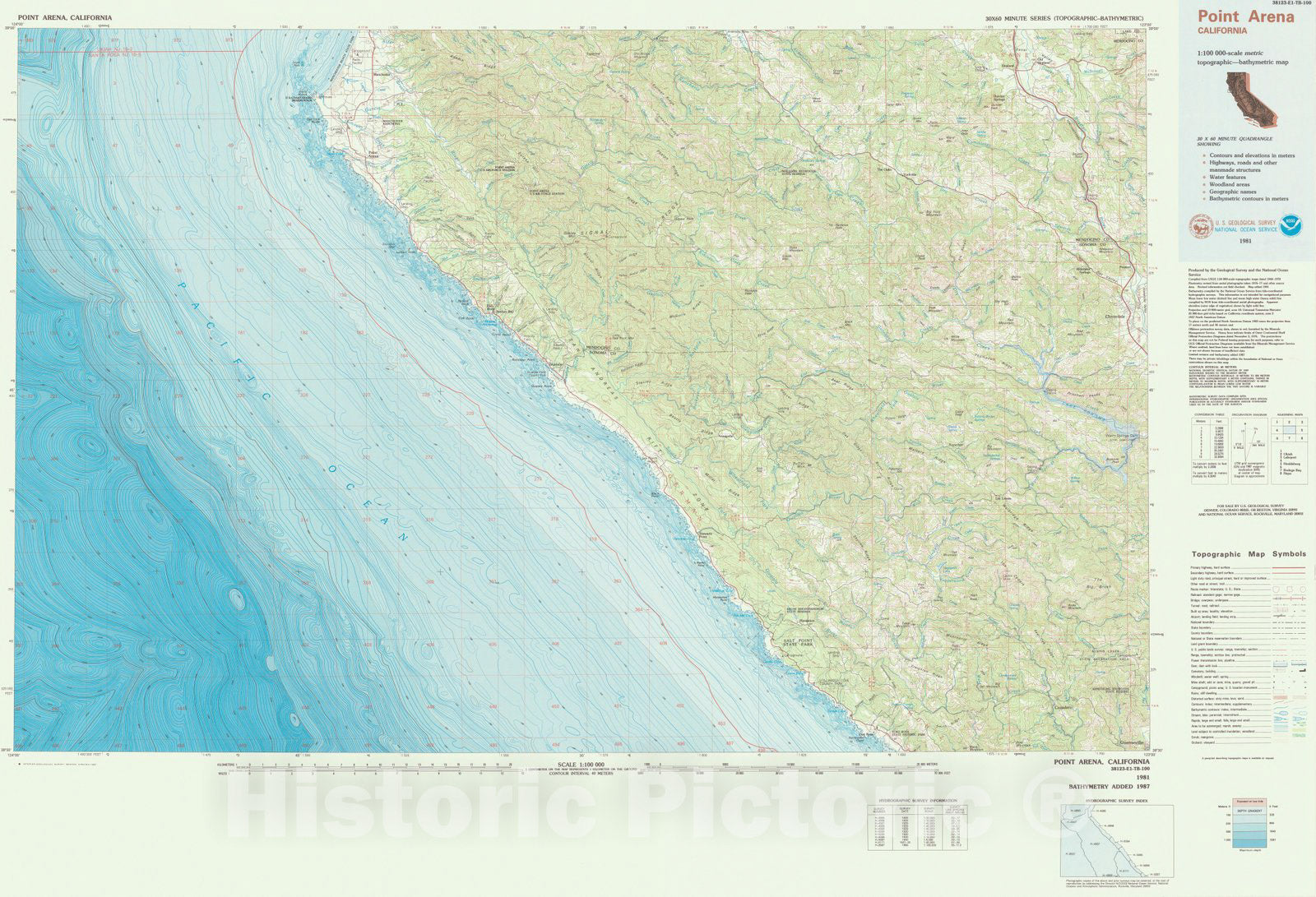 Historic Nautical Map - Point Arena, CA, 1981 NOAA Topographic Bathyme ...