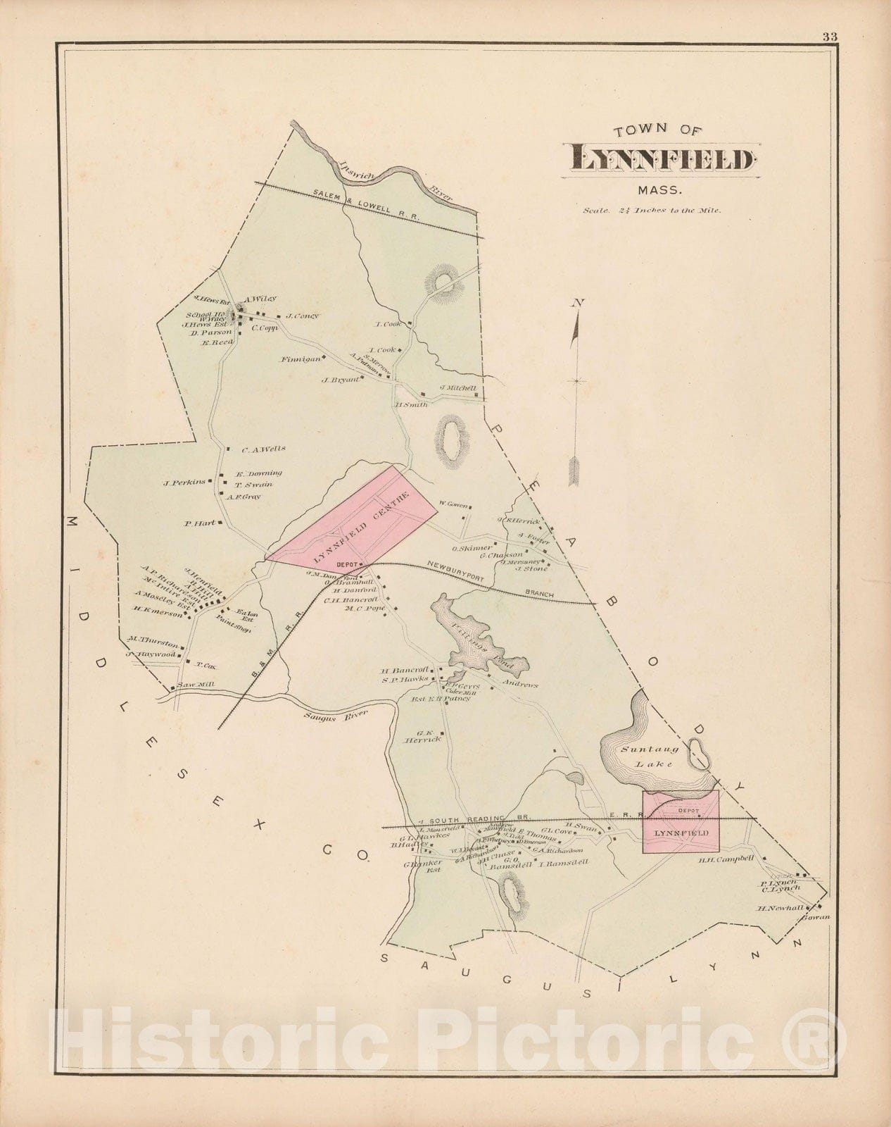 Historic Map : Atlas of Essex County, Lynnfield 1884 , v3, Vintage Wal ...