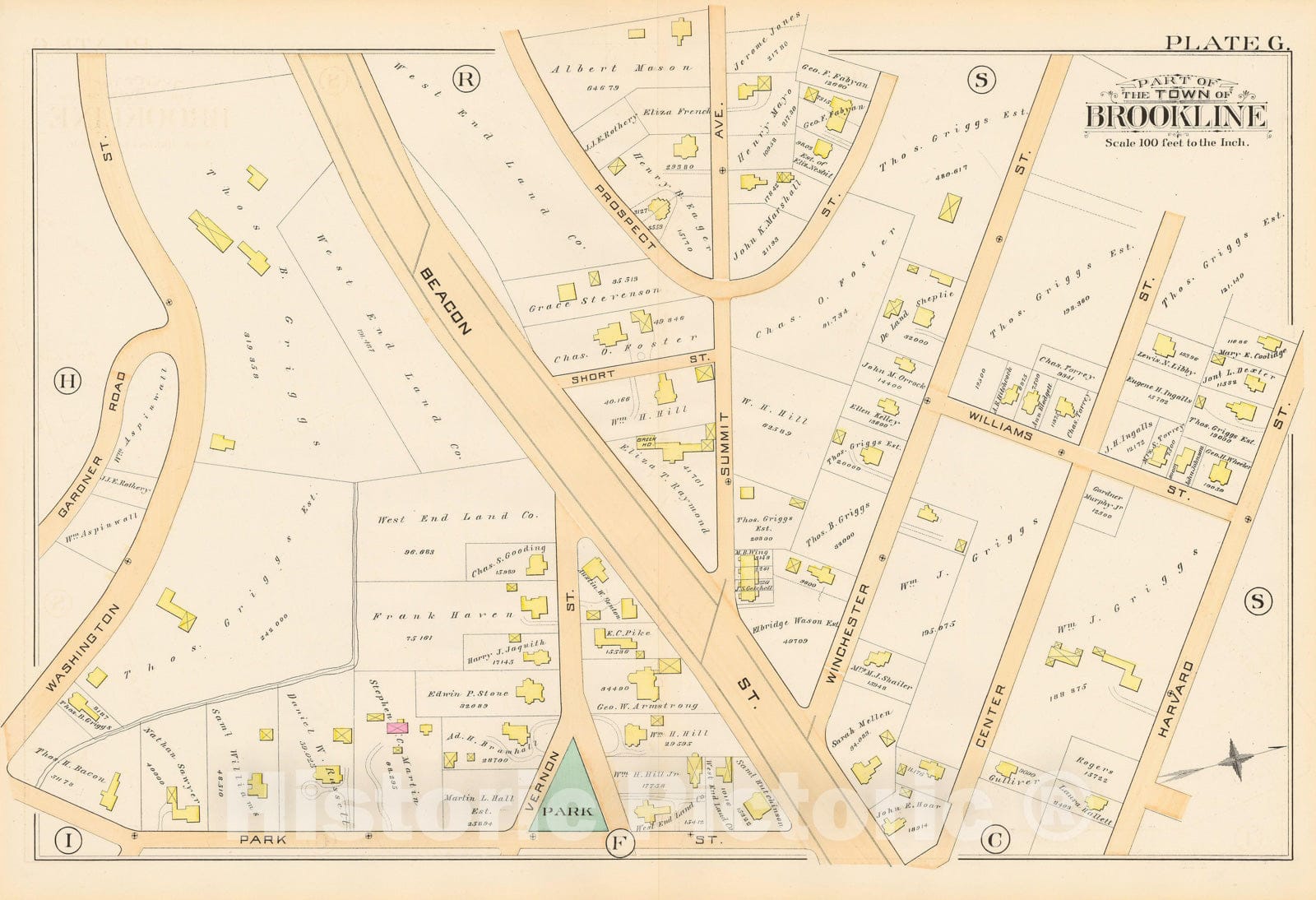 Historic Map : Atlas Town of Brookline, Brookline 1888 Plate G , Vinta ...