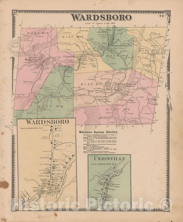 Historic Map : Atlas of Windham County, VT, Wardsboro 1869 , Vintage W ...