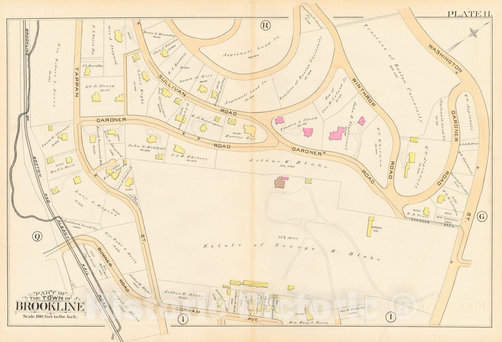 Historic Map : Atlas Town of Brookline, Brookline 1888 Plate H , Vinta ...