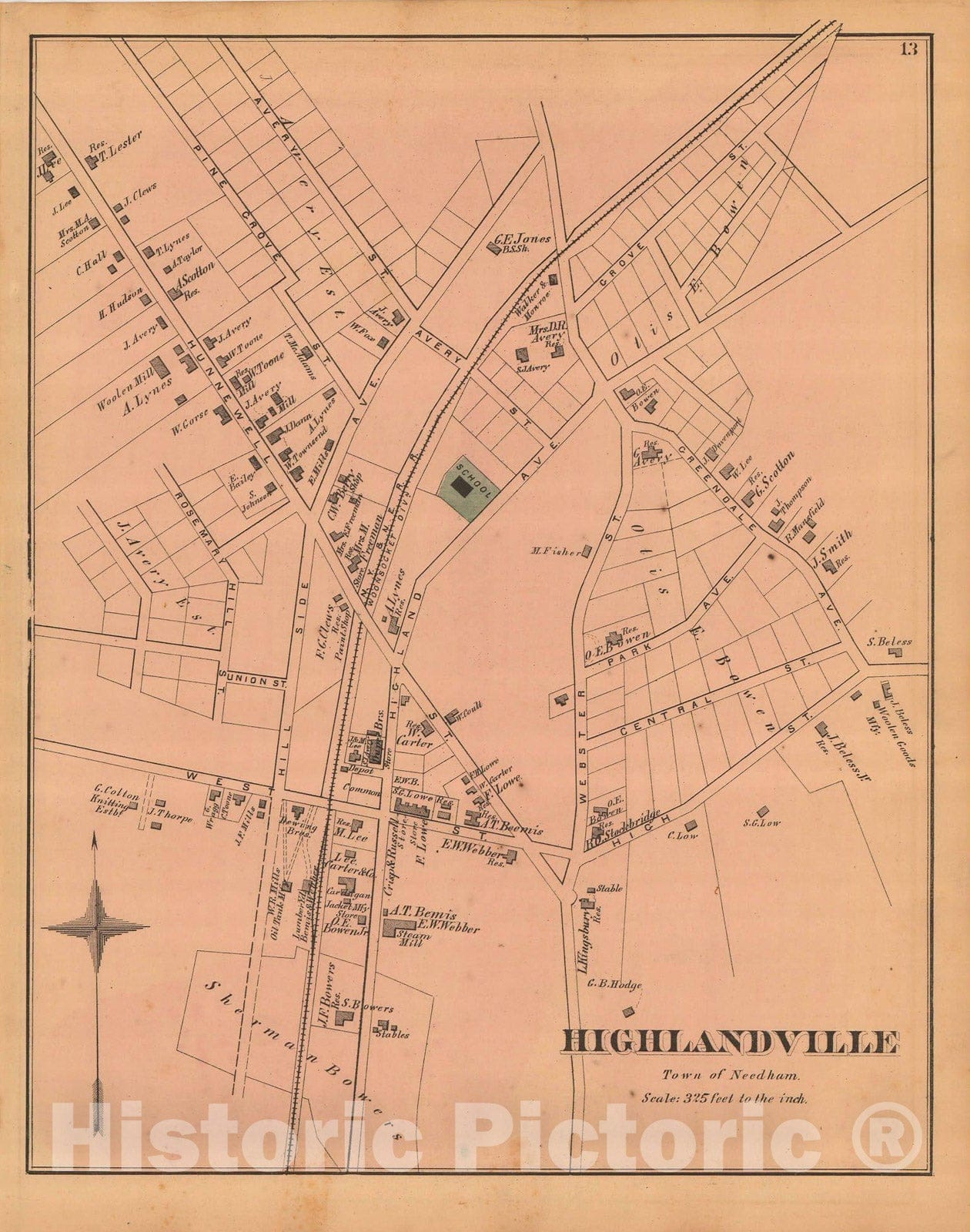 Historic Map : Atlas of Norfolk County, Needham 1876 , v2, Vintage Wal ...
