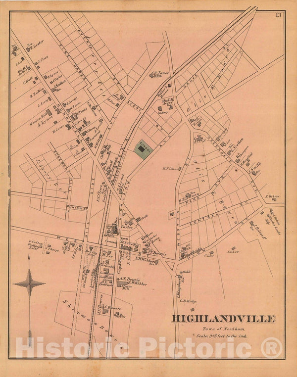 Historic Map : Atlas of Norfolk County, Needham 1876 , v2, Vintage Wal ...