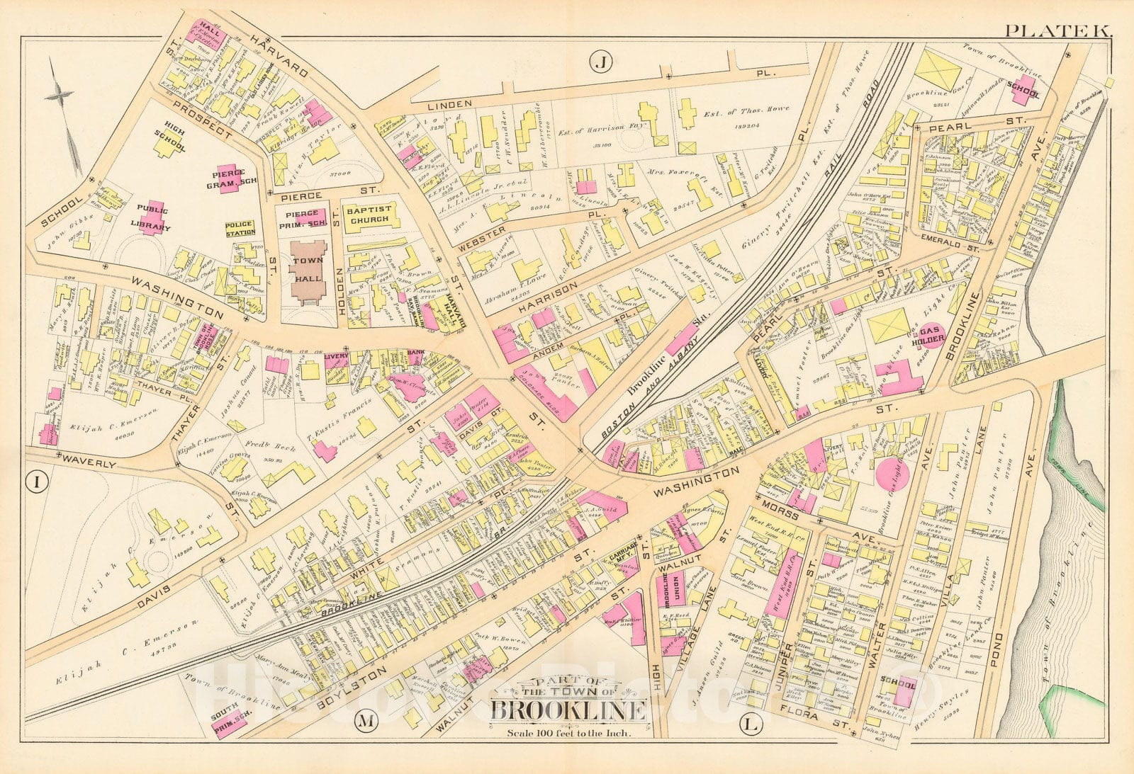 Historic Map : Atlas Town of Brookline, Brookline 1888 Plate K , Vinta ...