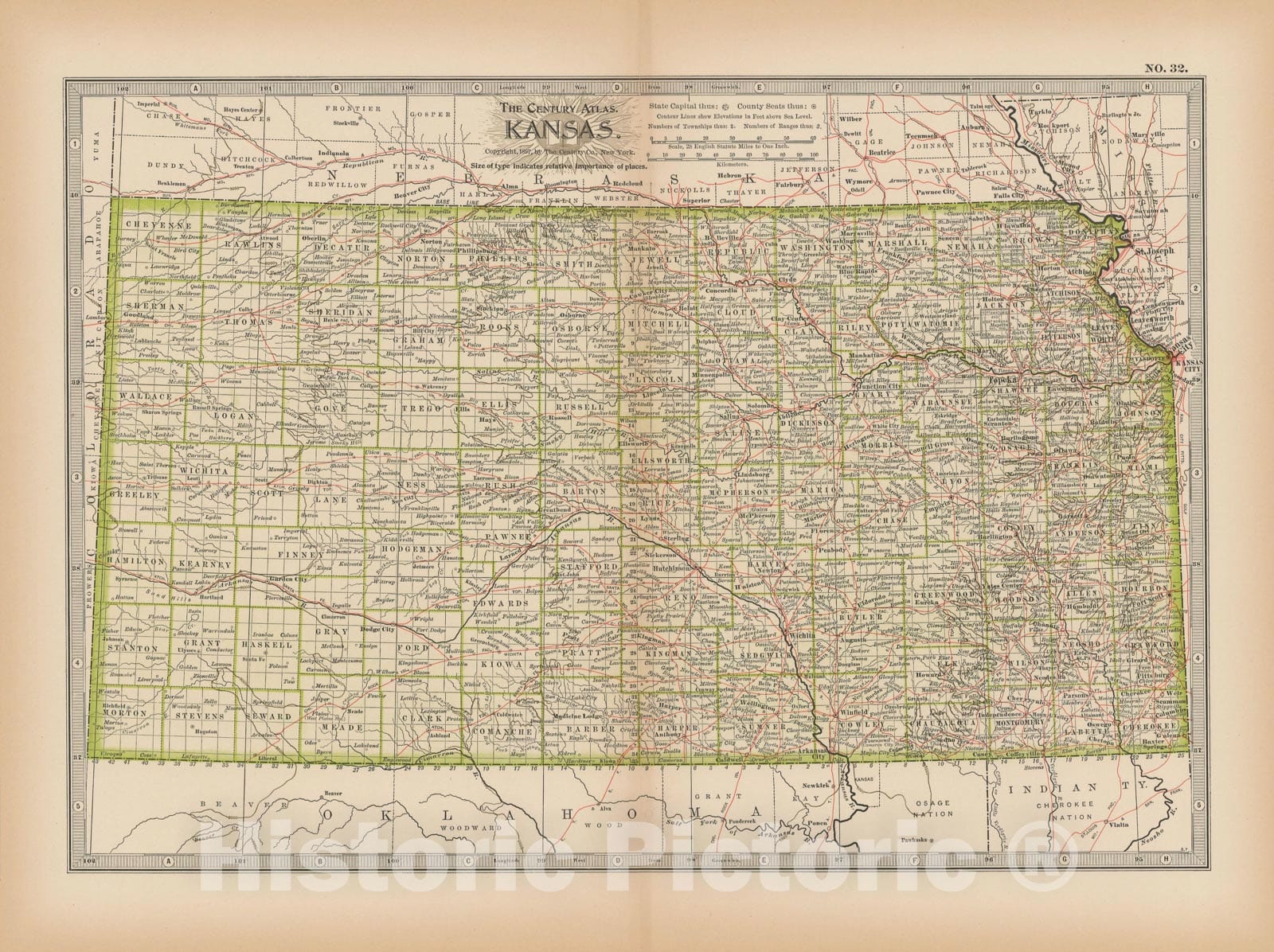 Historic Map : Kansas 1897 , The Century Atlas World , Vintage Wall Ar ...