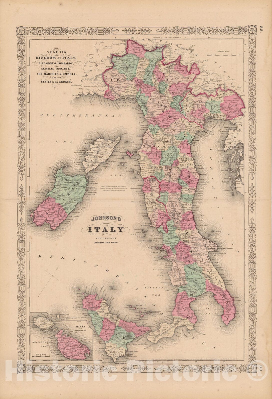 Historic Map : Italy 1865 , Johnson's Family Atlas , Vintage Wall Art ...