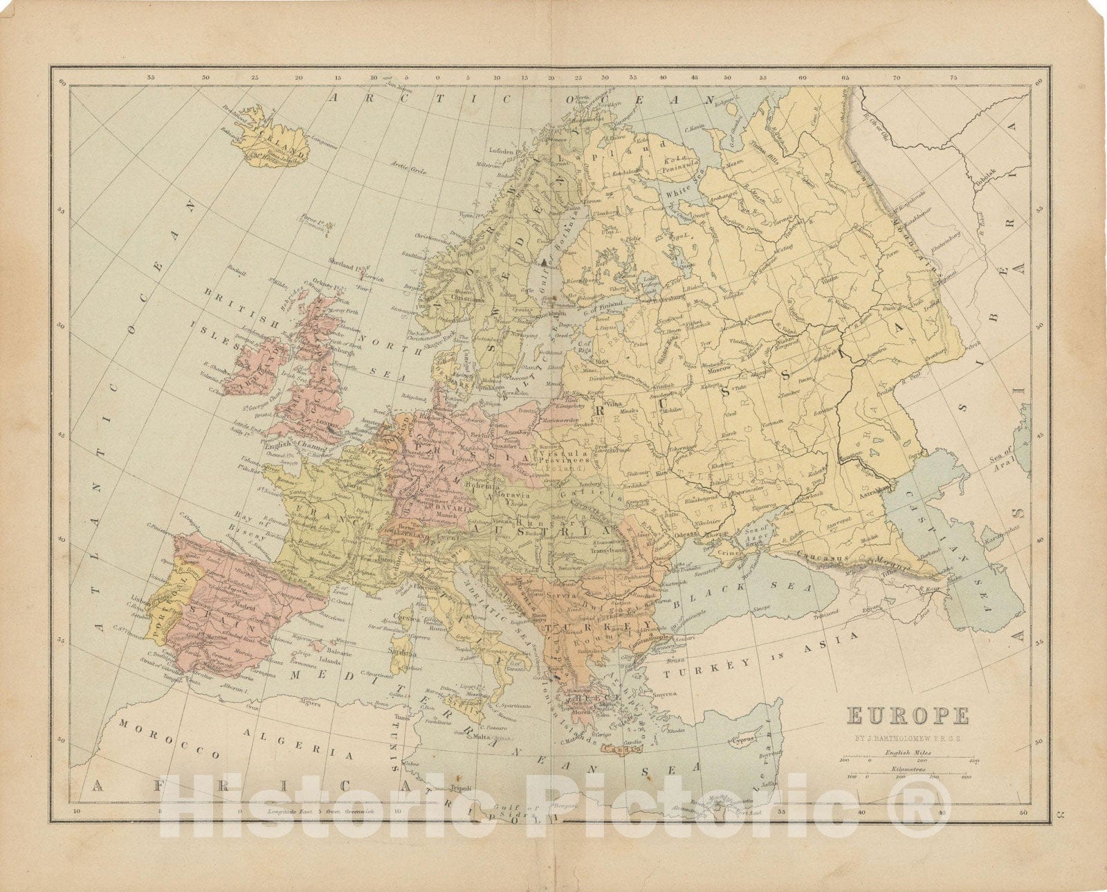 Historic Map : Europe 1875 , Student Atlas of Modern Geography , Vinta ...