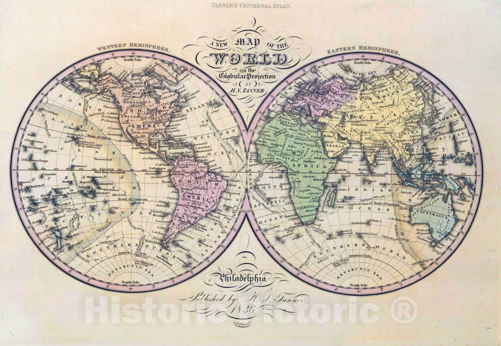 Historic Map : Map of the World on the Globular Projection, 1836 - Vin ...