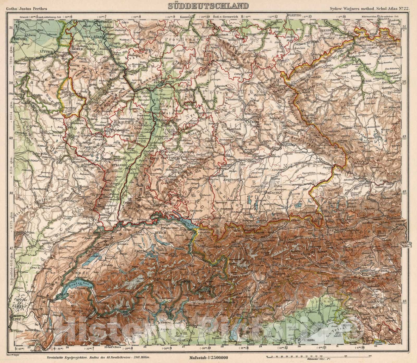 Historic Map : School Atlas Map, No. 22. Suddeutschland. 1902 - Vintag ...
