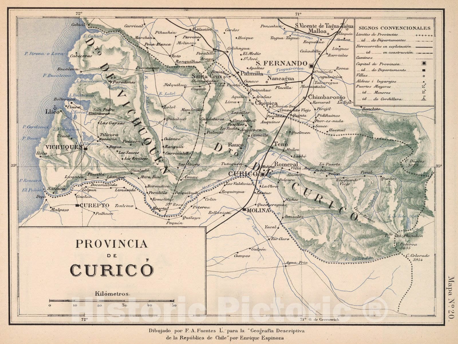 Historic Map : Chile, Mapa No. 20. Provincia de Curico, 1903 , Vintage ...